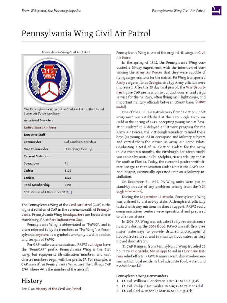 CAP Pennsylvania Wing History | PDF | Civil Air Patrol | Uniformed ...