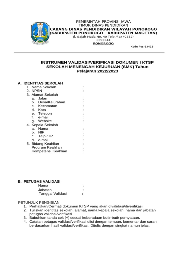 Instrumen Validasi KTSP 2022-2023 | PDF