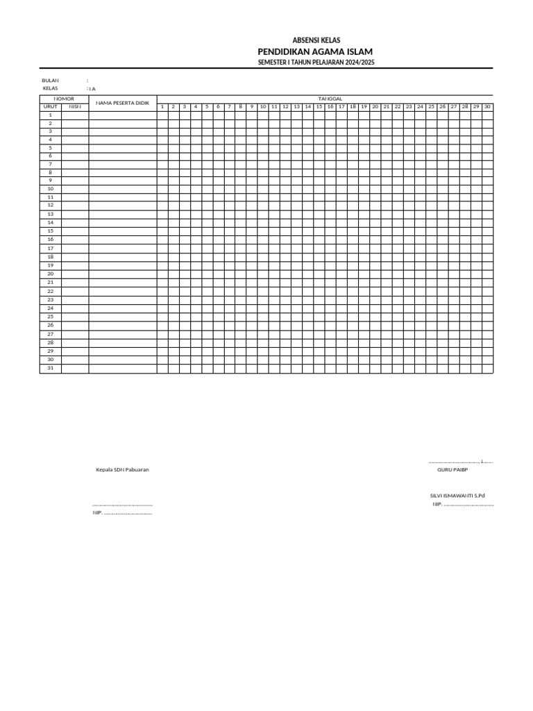 Absensi Kelas. Pai 2024-2025 | PDF