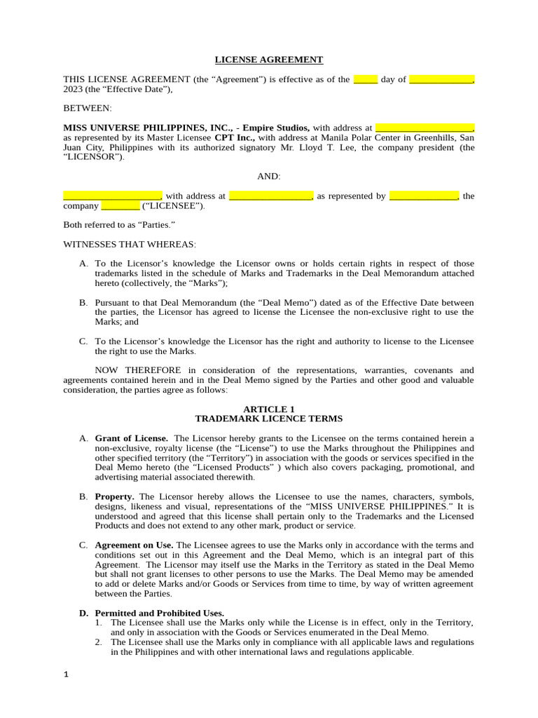 Draft License Agreement Miss Universe (Draft) | PDF