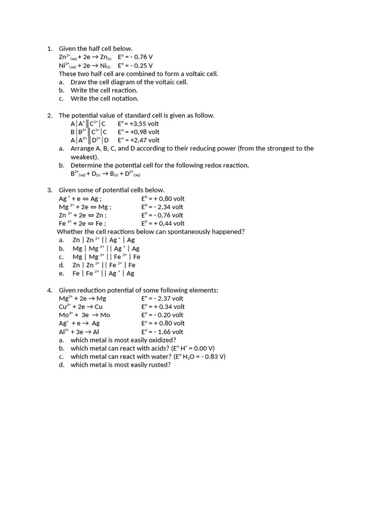 Worksheet - Voltaic Cell | PDF