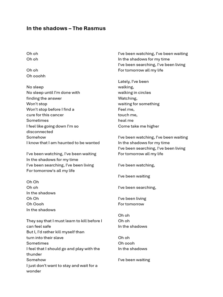 In The Shadows - The Rasmus | PDF | Poetry