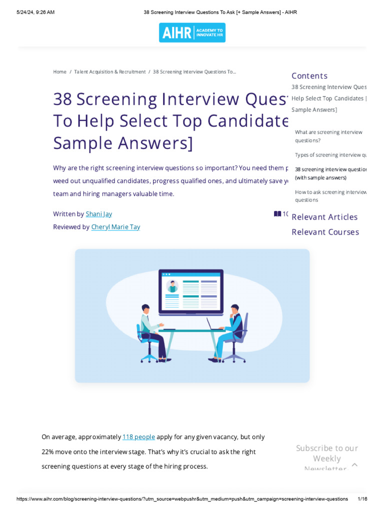 38 Screening Interview Questions To Ask (+ Sample Answers) - AIHR | PDF