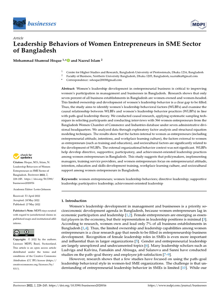 Leadership Behaviors of Women Entrepreneurs in SME Sector of Bangladesh | PDF | Entrepreneurship ...