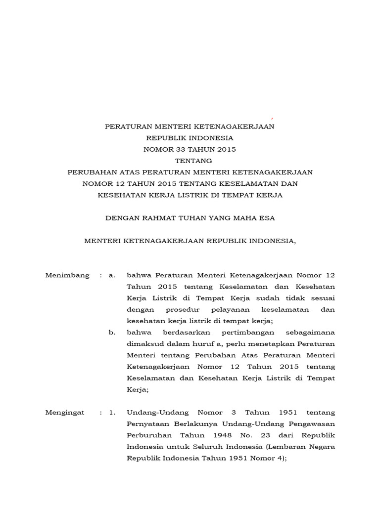 Permenaker Nomor 33 Tahun 2015 | PDF