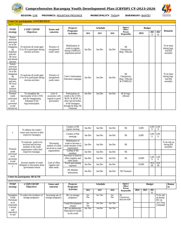 Comprehensive Barangay Youth Development Plan | PDF