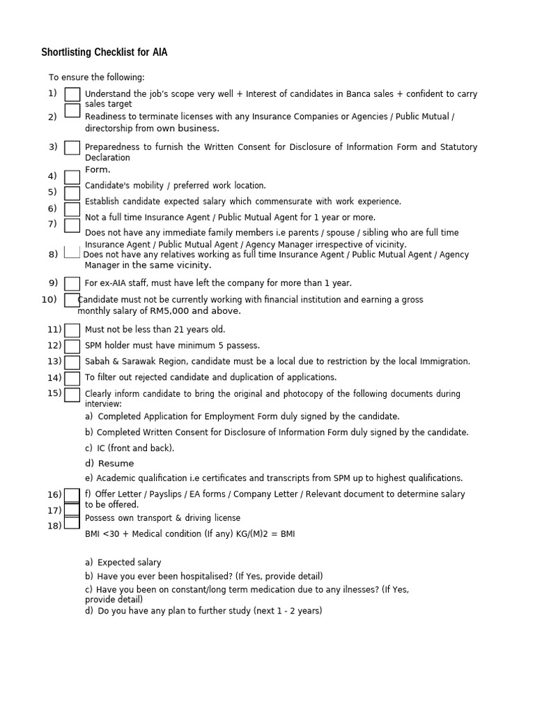 AIA Shortlisting Checklist July'23 | PDF | Career & Growth | Business