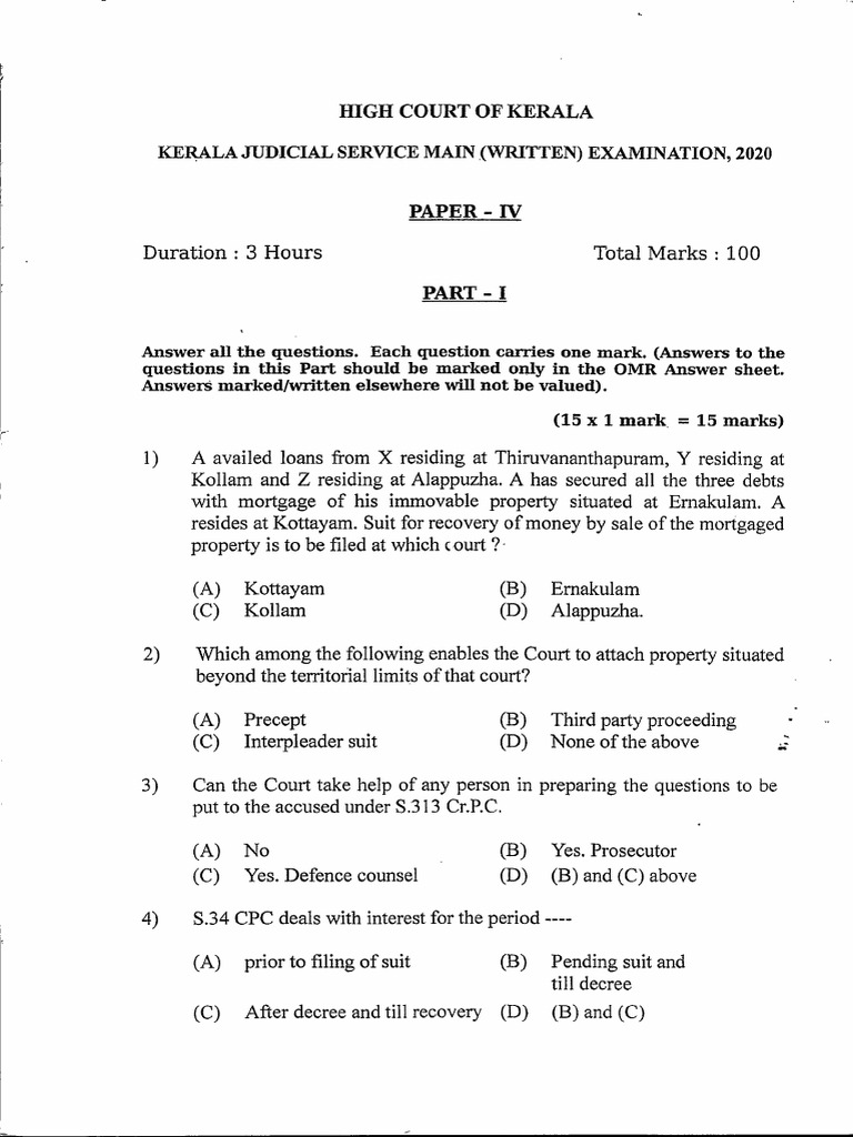 Kerala Judicial Service 2020 Main (Written) Examination - Paper IV | PDF