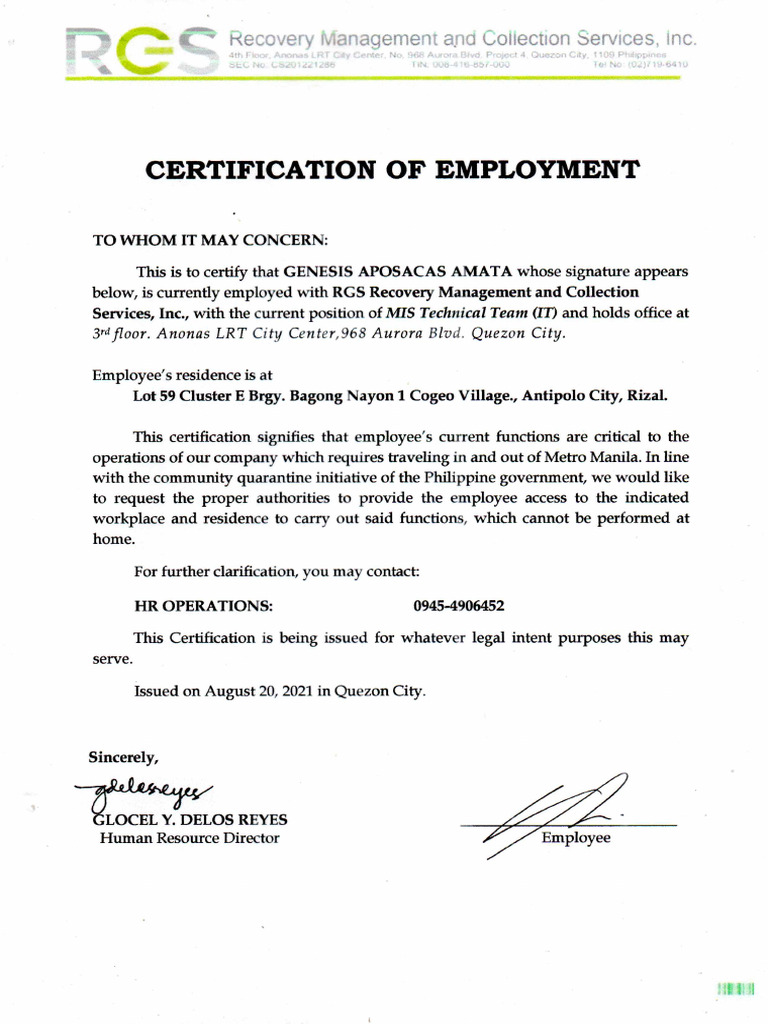 Certificate of Employment 2021_2 | PDF