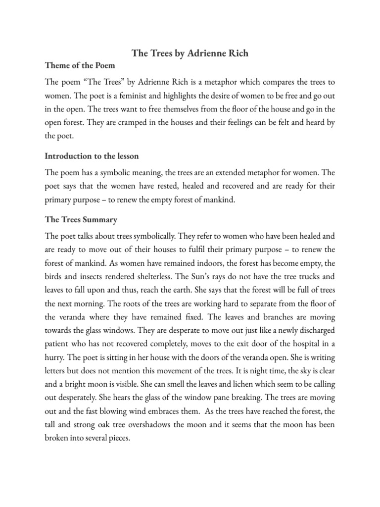 Summary of "The Trees" by Adrienne Rich | PDF | Trees | Poetry