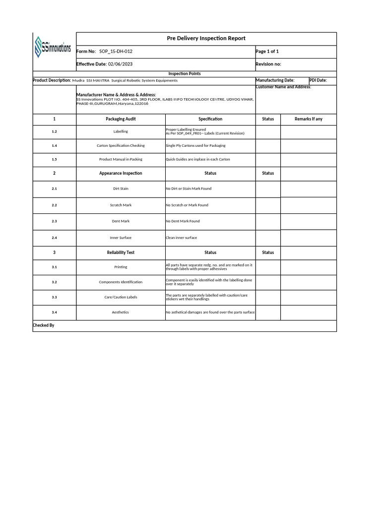 Pre Dispatch Checksheet | PDF