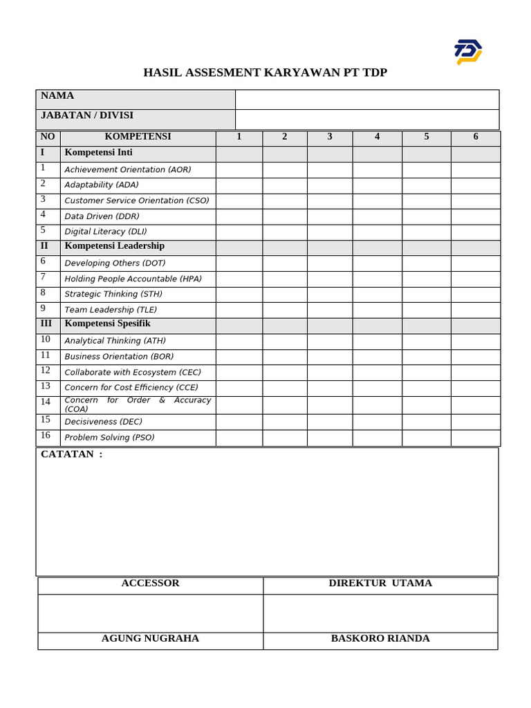 Template Hasil Assesment Utk GM PT TDP | PDF
