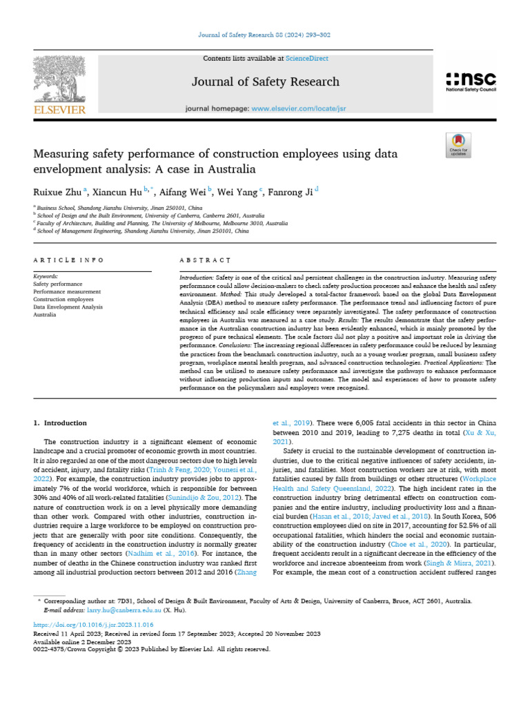 Measuring Safety Performance of Construction Employees Us - 2024 ...