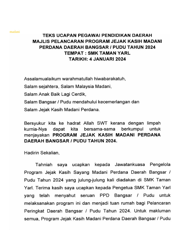 Teks Ucapan Tuan PPD Program Jejak Kasih Madani Perdana Tahun 2024 | PDF