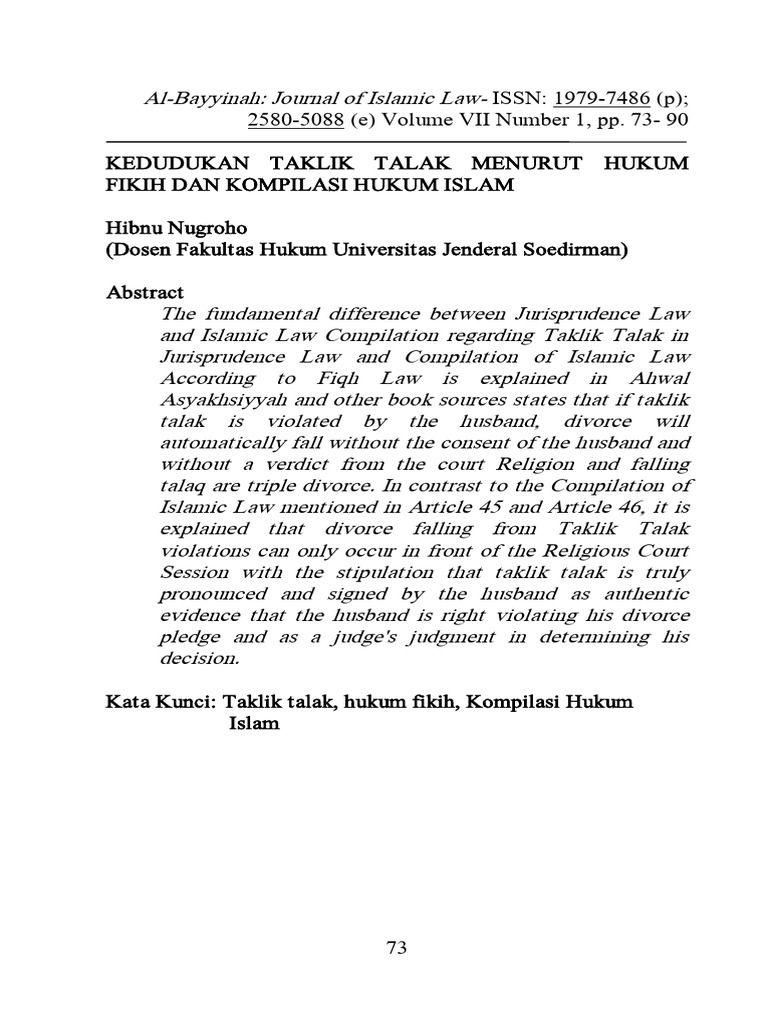 Kedudukan Taklik Talak Menurut Hukum Fikih Dan Kom | PDF