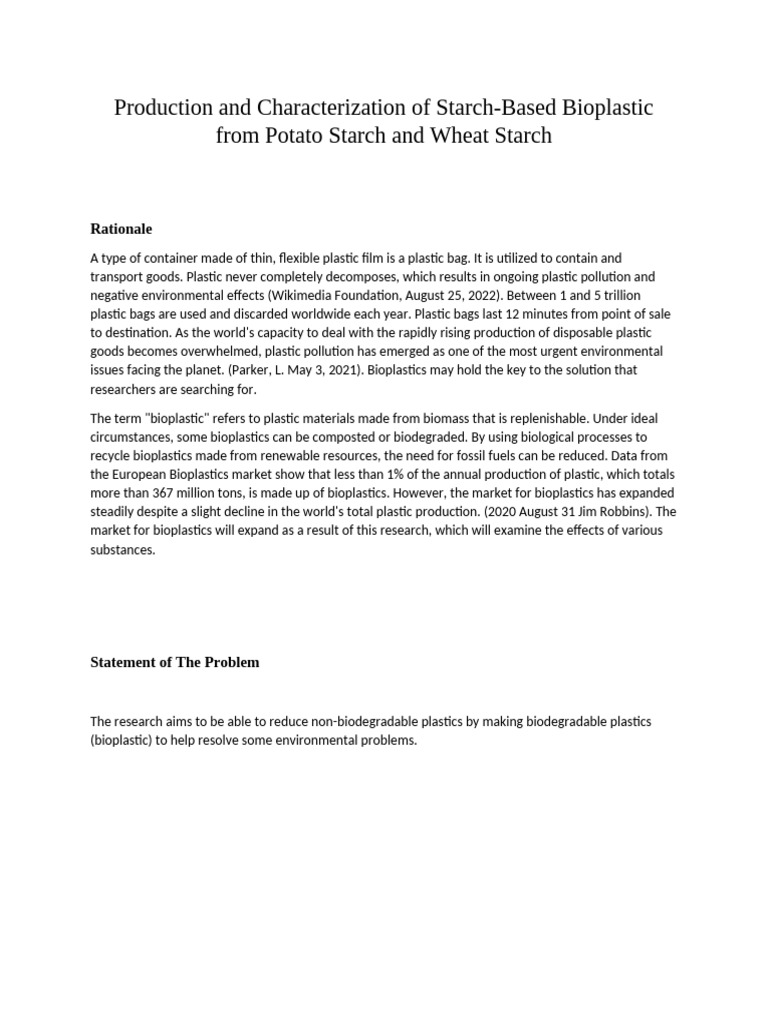 Production and Characterization of Starch Based Bioplastic From Potato Starch and Wheat Starch ...