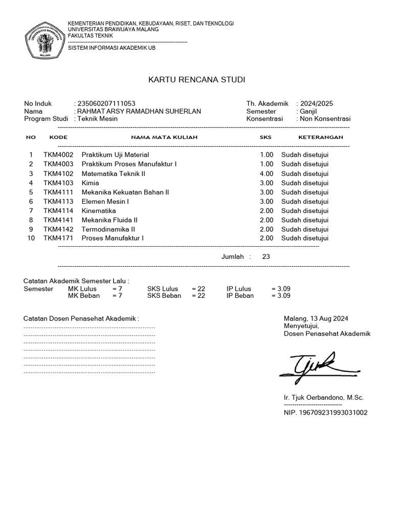 Kartu Rencana Studi Teknik Mesin UB | PDF