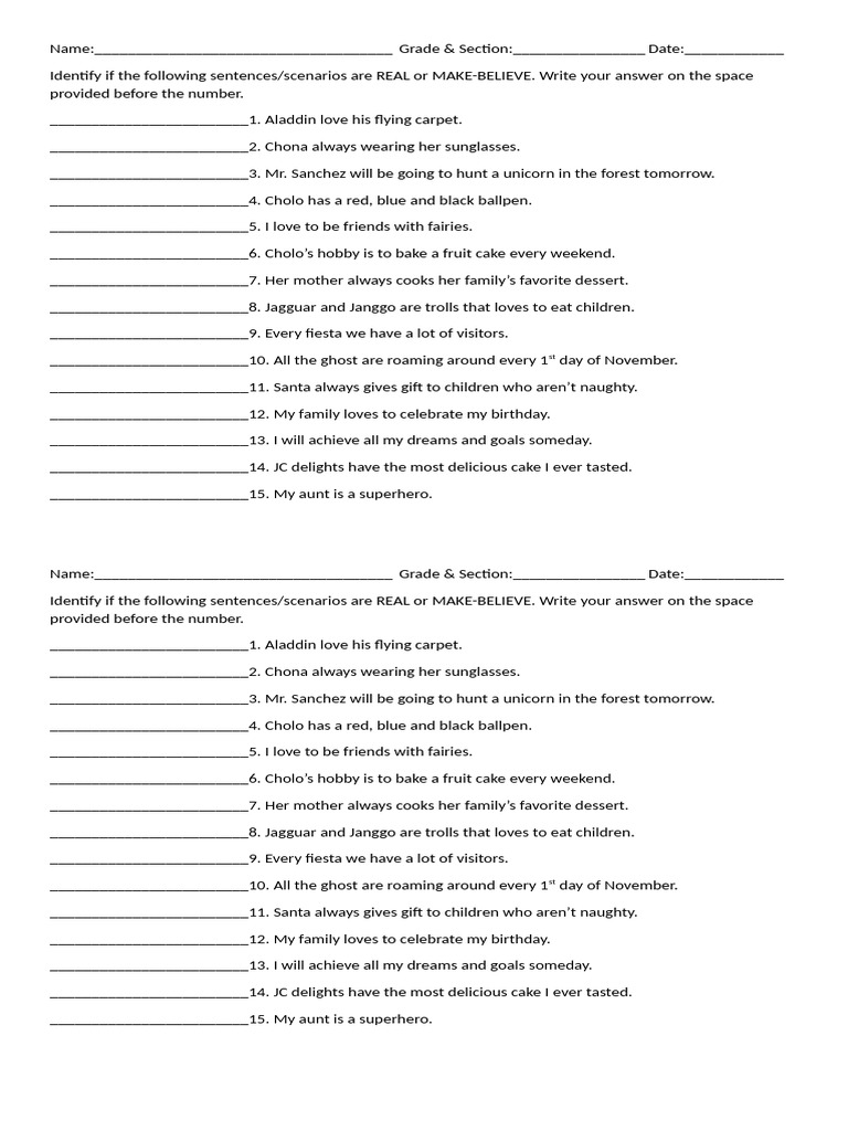 Real or Make-Believe Activity Sheet | PDF