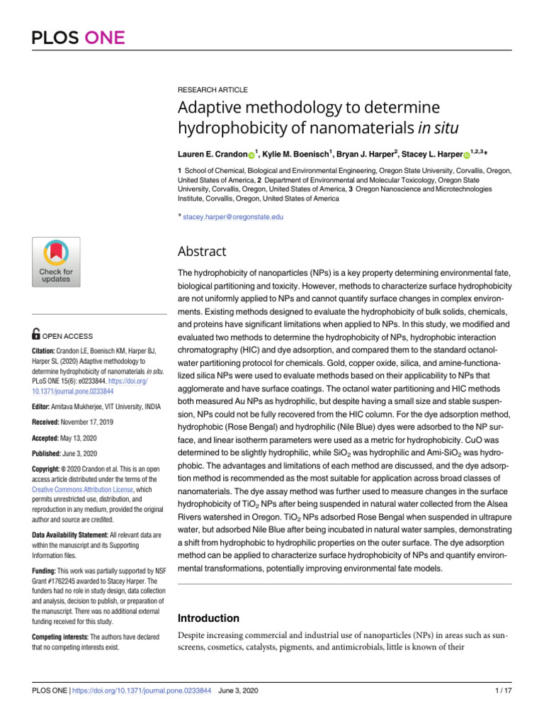 Adaptive Methodology To Determine Hydrophobicity of Nanomaterials in Situ | PDF