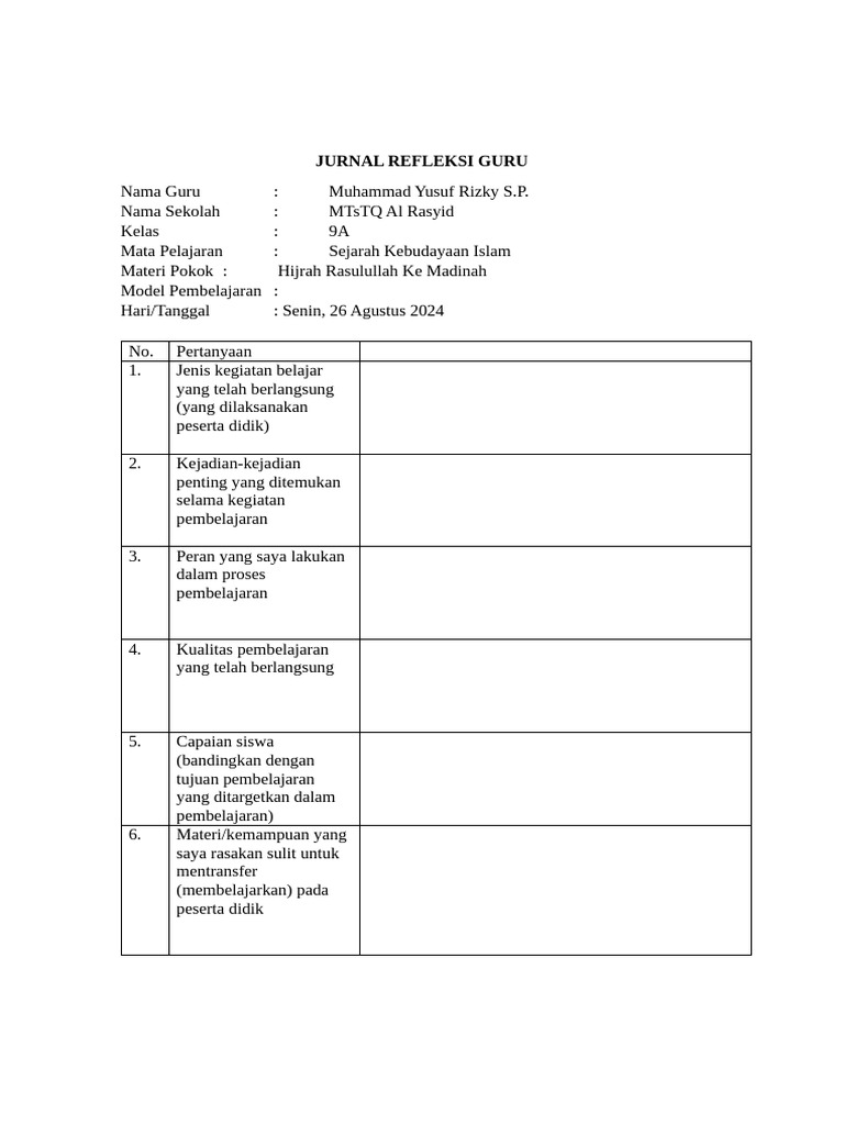 JURNAL REFLEKSI GURU MTs | PDF