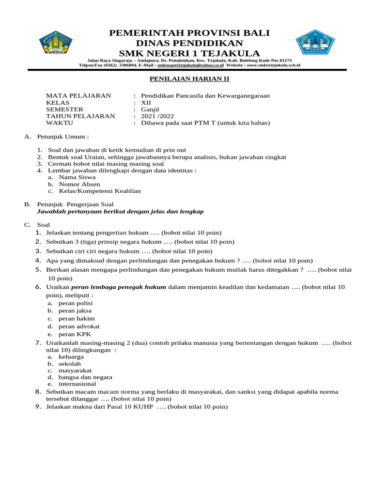 Penilaian Harian II (Uraian) Kori | PDF