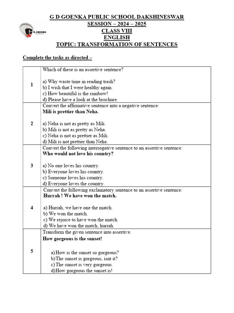Transformation of Sentences Class 8 Worksheet | PDF
