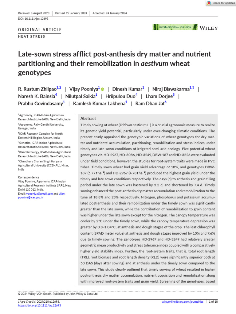 Late-Sown Stress Afflict Post-Anthesis Dry Matter and Nutrient Partitioning and Their ...