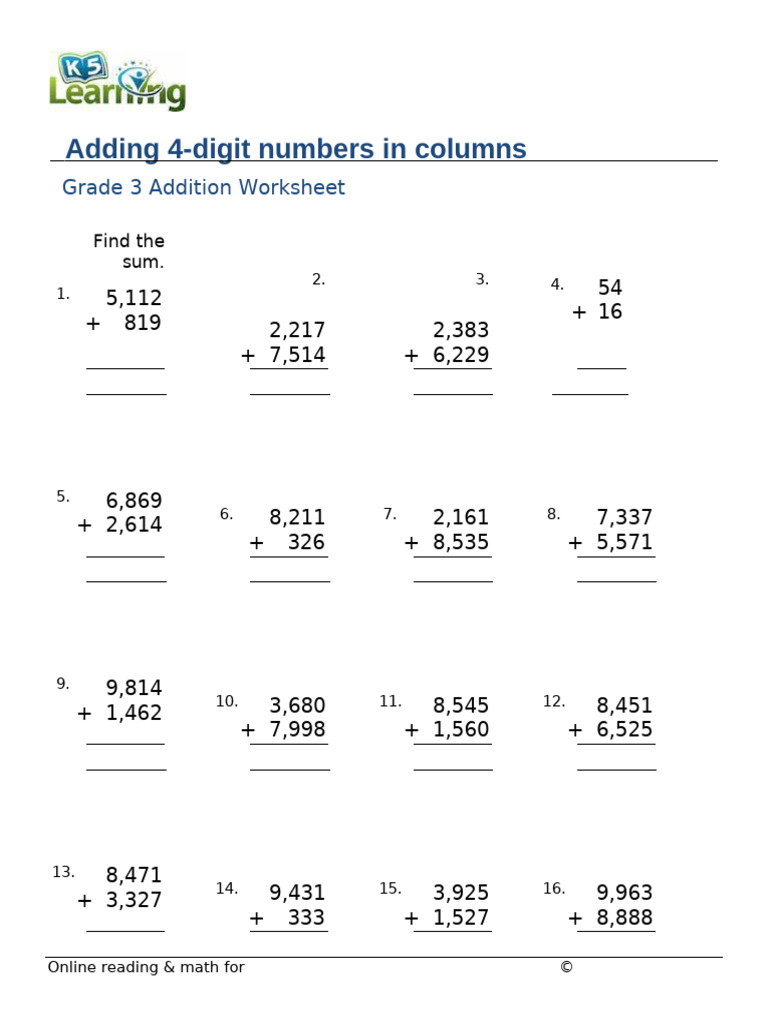 Grade 3 Add 4 Digit Numbers in Columns A | PDF