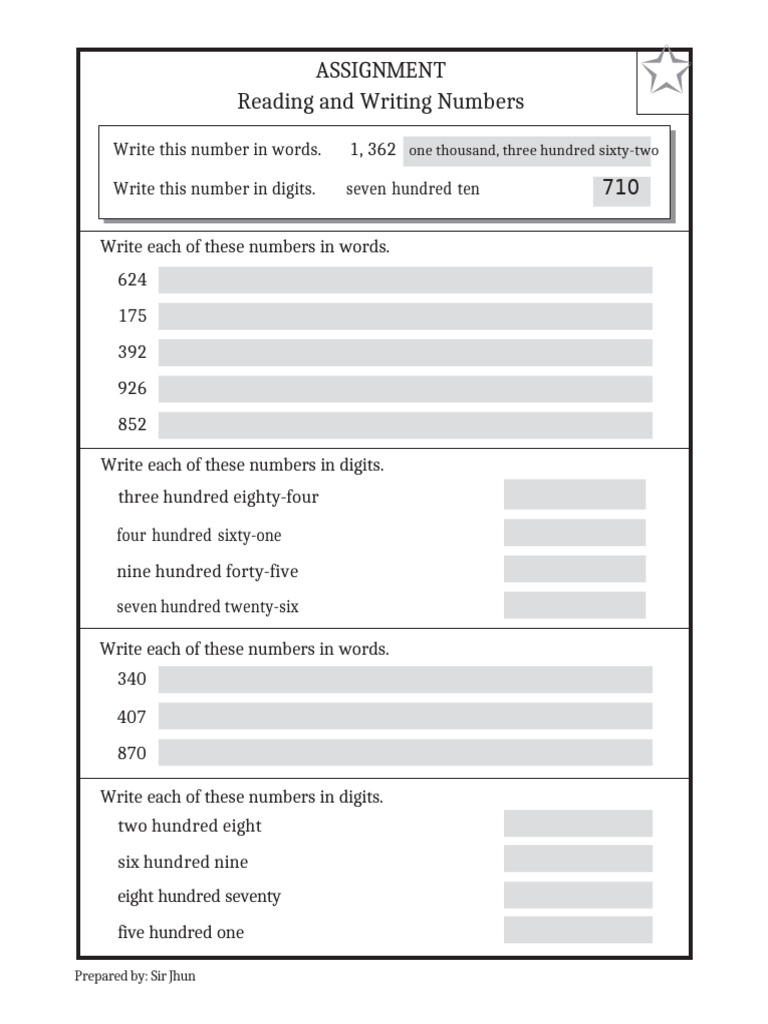 Assignment Reading and Writing Numbers: One Thousand, Three Hundred ...