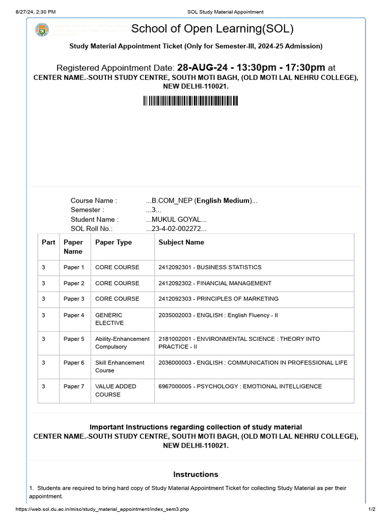 SOL Study Material Appointment | PDF