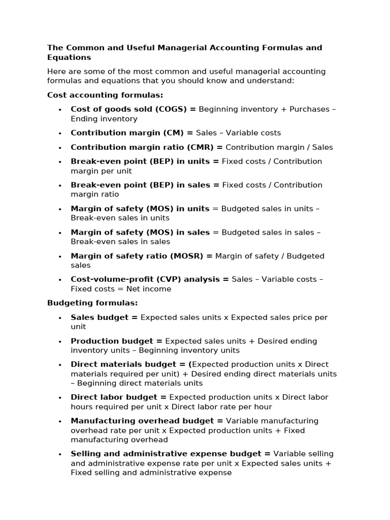Managerial Accounting Formulas Guide | PDF | Cost Of Goods Sold | Business