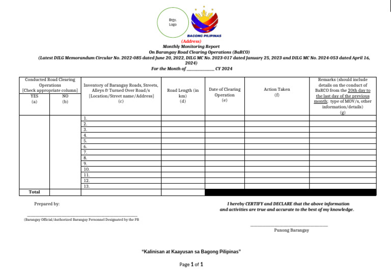 Annex C - Barangay BaRCO Monthly Monitoring Report Template With PB - S ...