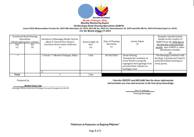 Annex C Barangay BaRCO Monthly Monitoring Report Template With PB S ...