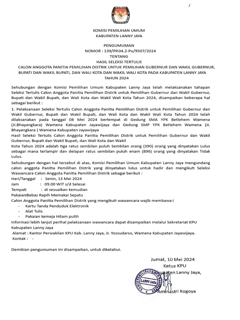 Pengumuman Hasil Seleksi Tes Tertulis Calon PPD Pilkada 2024-1 | PDF Pengumuman Hasil Seleksi Tes Tertulis Calon PPD Pilkada 2024-1 | PDF