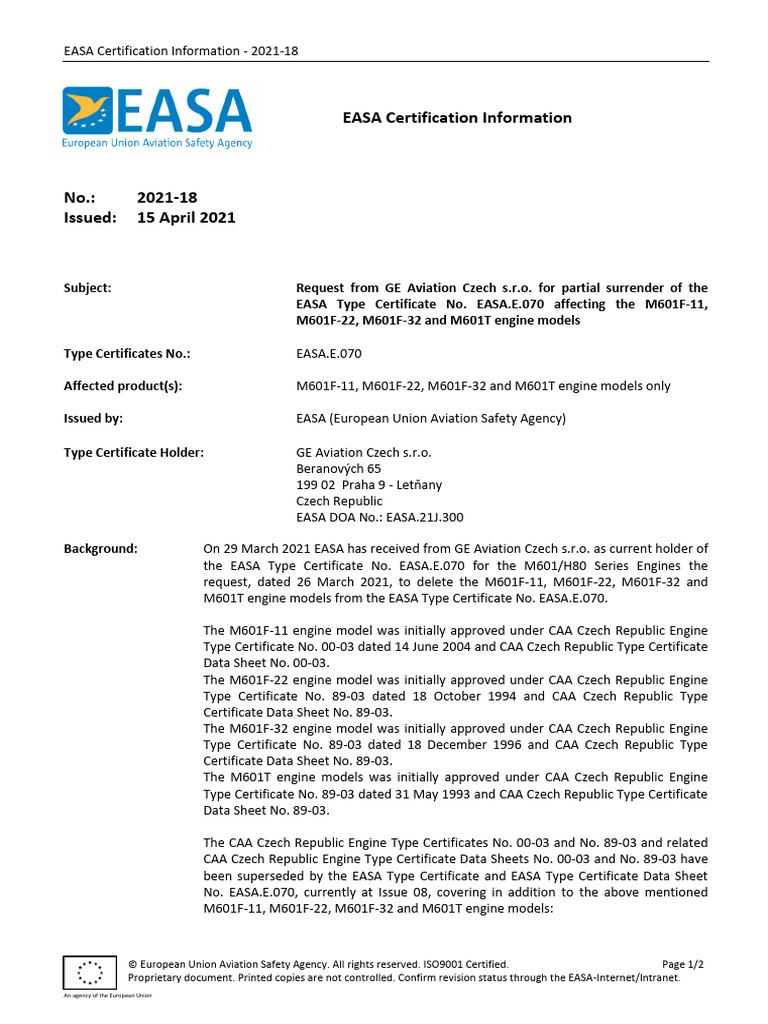 Easa Certification Information 2021-18 Request by Ge Aviation Czech S.R ...