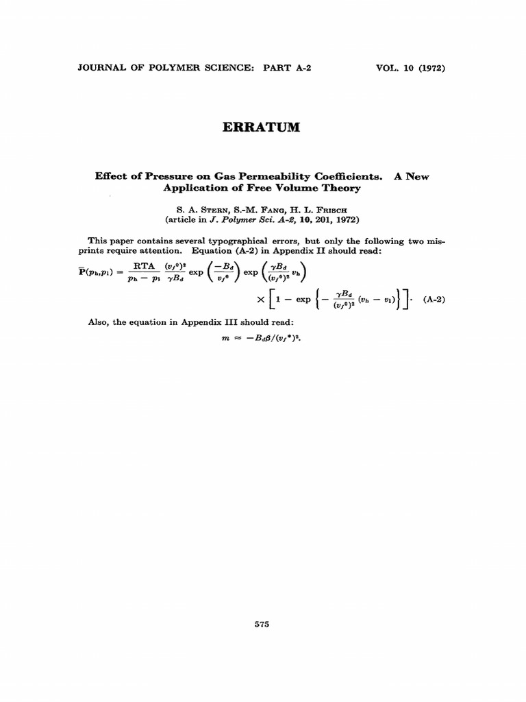 Stern, S. A. - Fang, S.-M. - Frisch, H. L. - Effect of Pressure On Gas Permeability Coefficients ...