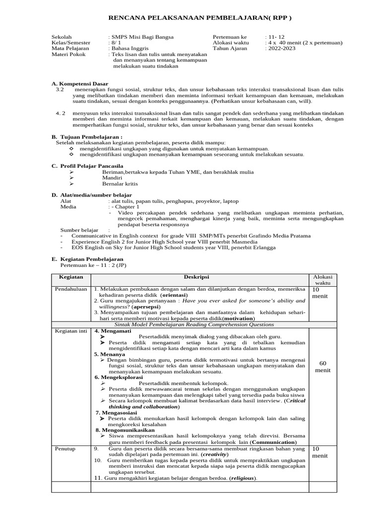 RPP Minggu 6 Kelas 8 | PDF