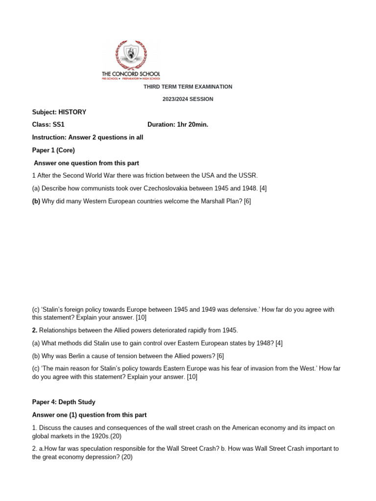 SS1 History 3RD Term Examination | PDF