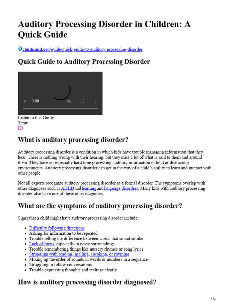 Auditory Processing Disorder in Children A Quick Guide | PDF