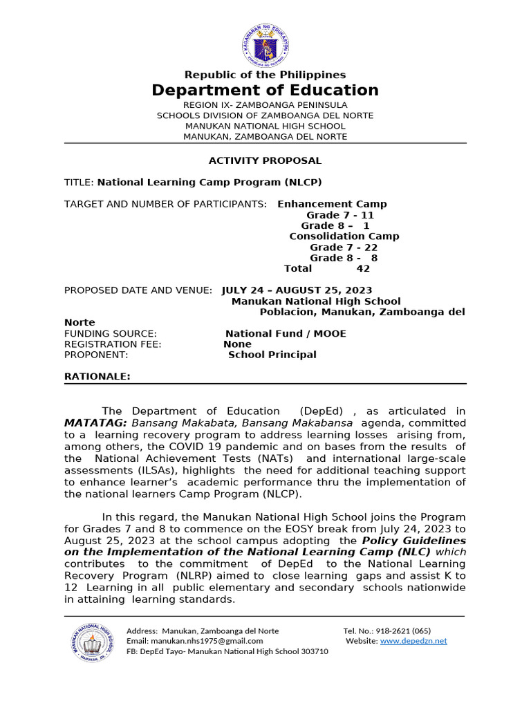 National Learning Camp Proposal 2023 | PDF