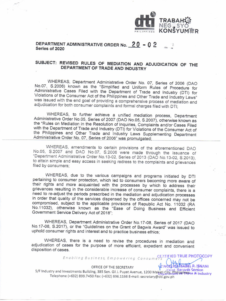 DAO 20-02 (2020) - Revised Rules of Mediation and Adjudication of DTI | PDF
