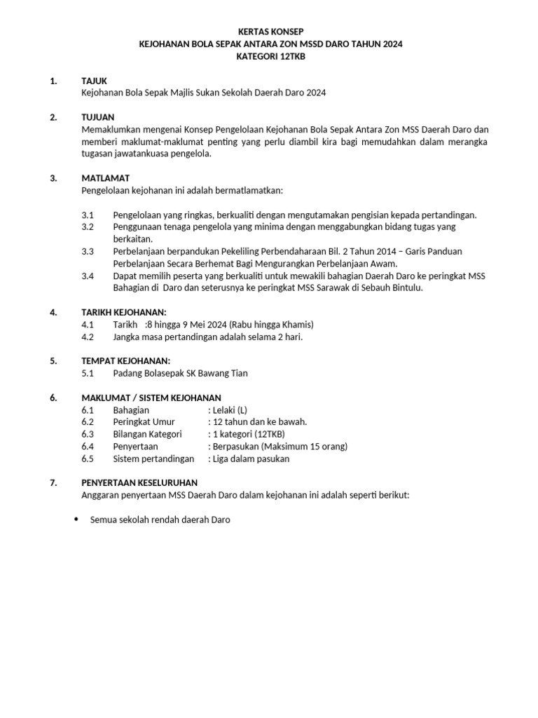 KERTAS KONSEP DAN PERATURAN BOLASEPAK 12TKB MSSD DARO | PDF