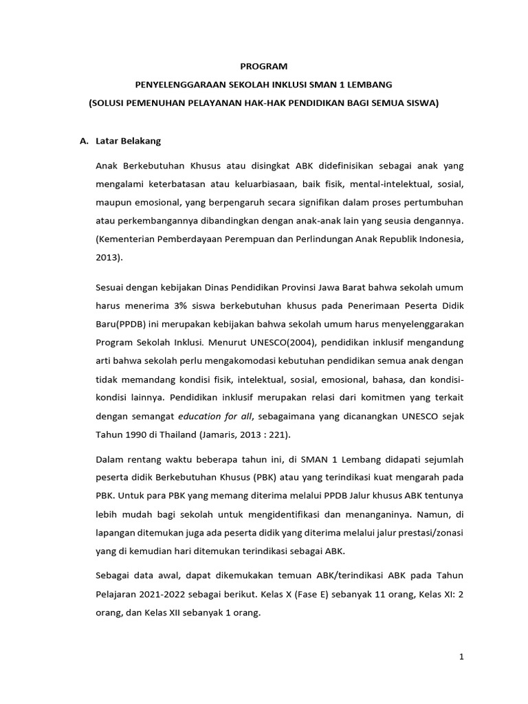 PROGRAM SEKOLAH INKLUSI SMAN 1 LEMBANG - Bandung Barat - Jabar | PDF