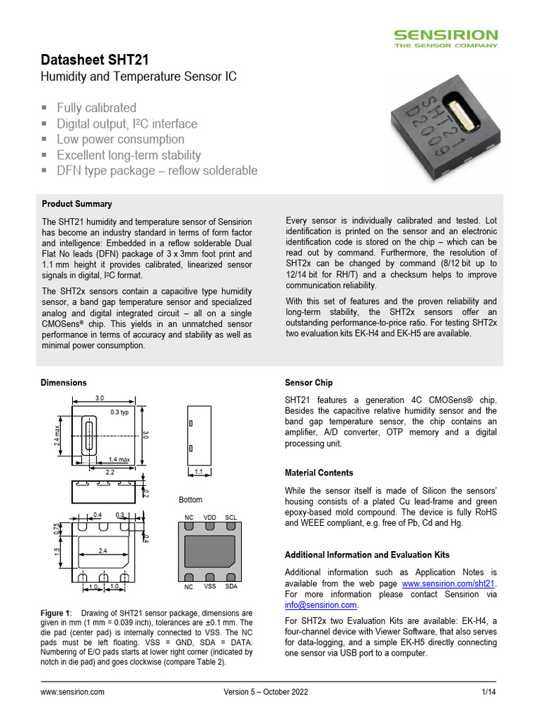 Sensirion Datasheet Humidity Sensor SHT21 | PDF