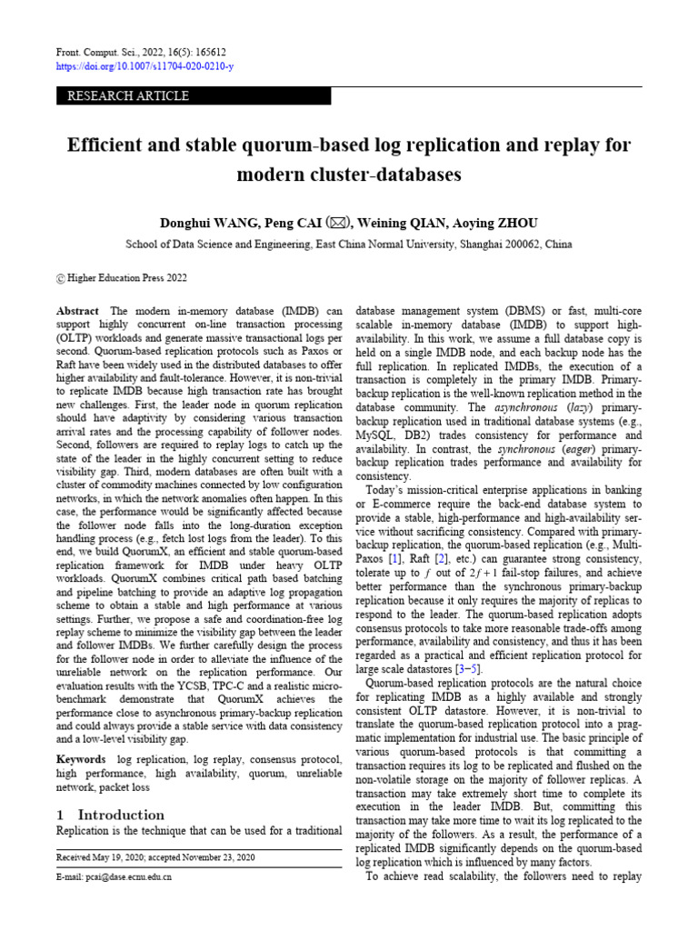 Efficient and Stable Quorum-Based Log Replication and Replay For Modern Cluster-Databases | PDF