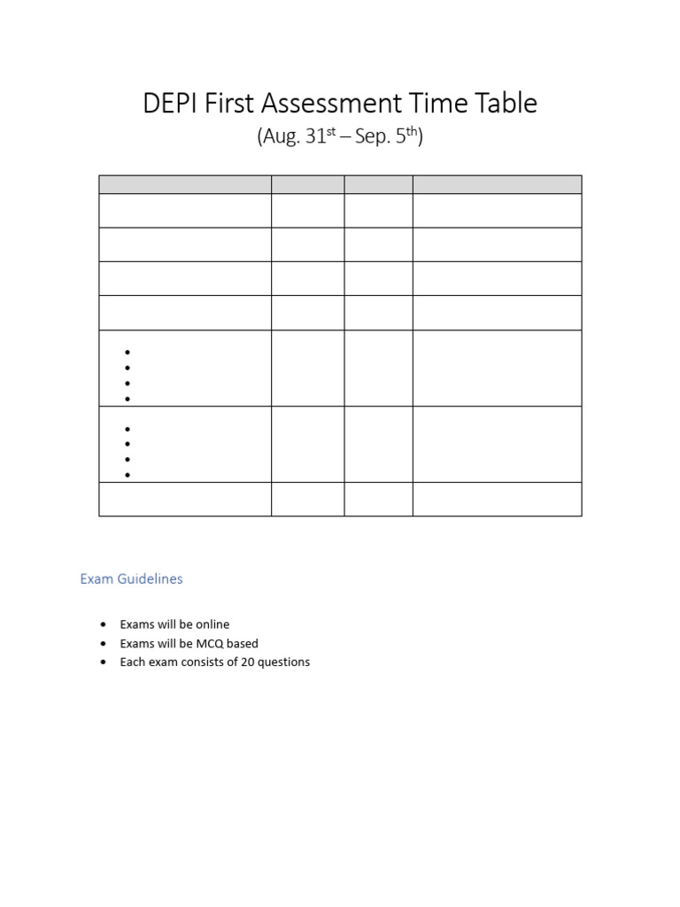 DEPI First Assessment Time Table | PDF