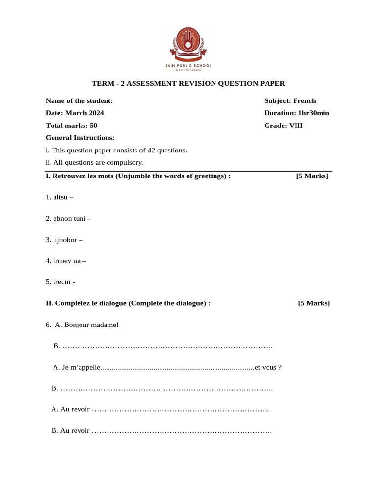 JPS GR VIII FRE Term II Assessment Revision QP | PDF