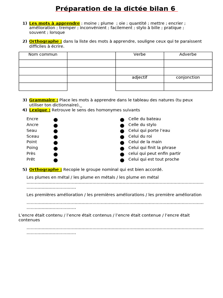 Préparation Dictée N 6 | PDF