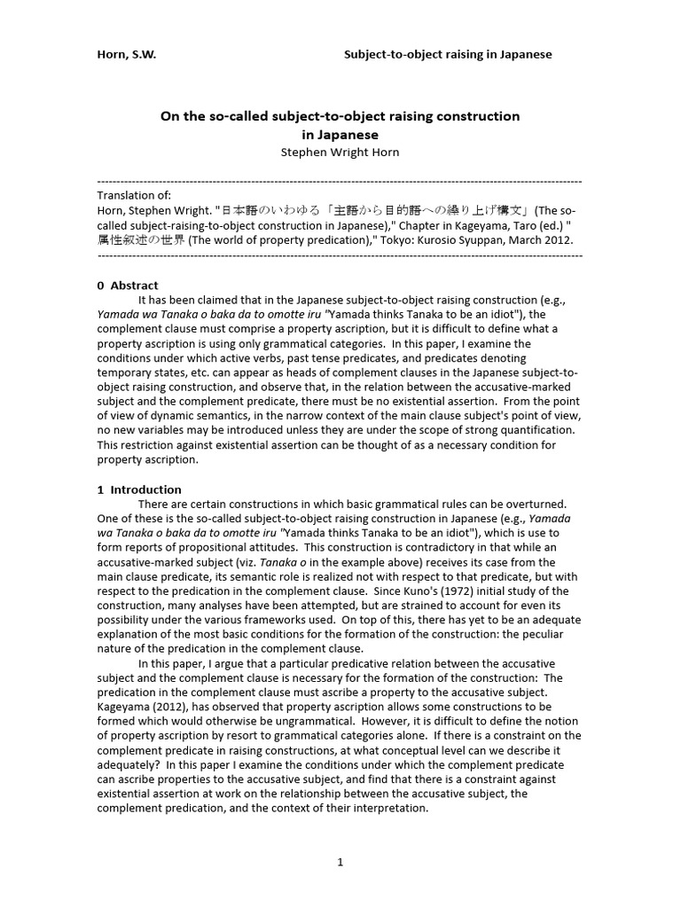 On The So-Called Subject-To-Object Raising Construction in Japanese ...