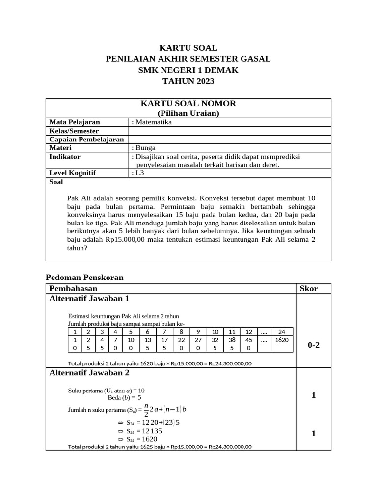 Form 2. Kartu Soal Uraian Contoh 1 | PDF